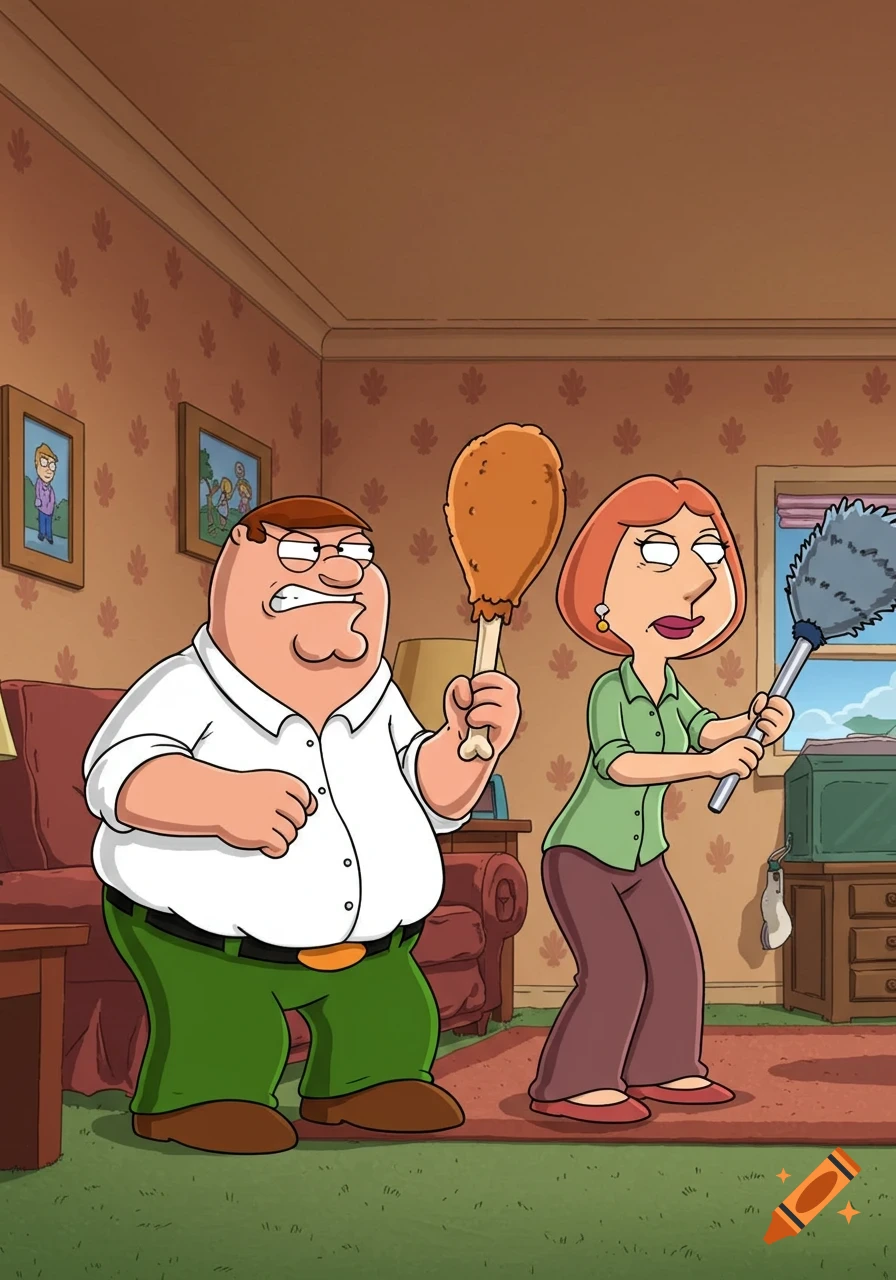 Peter Griffin holding a large drumstick and Lois Griffin holding a duster, looking angry in a ...