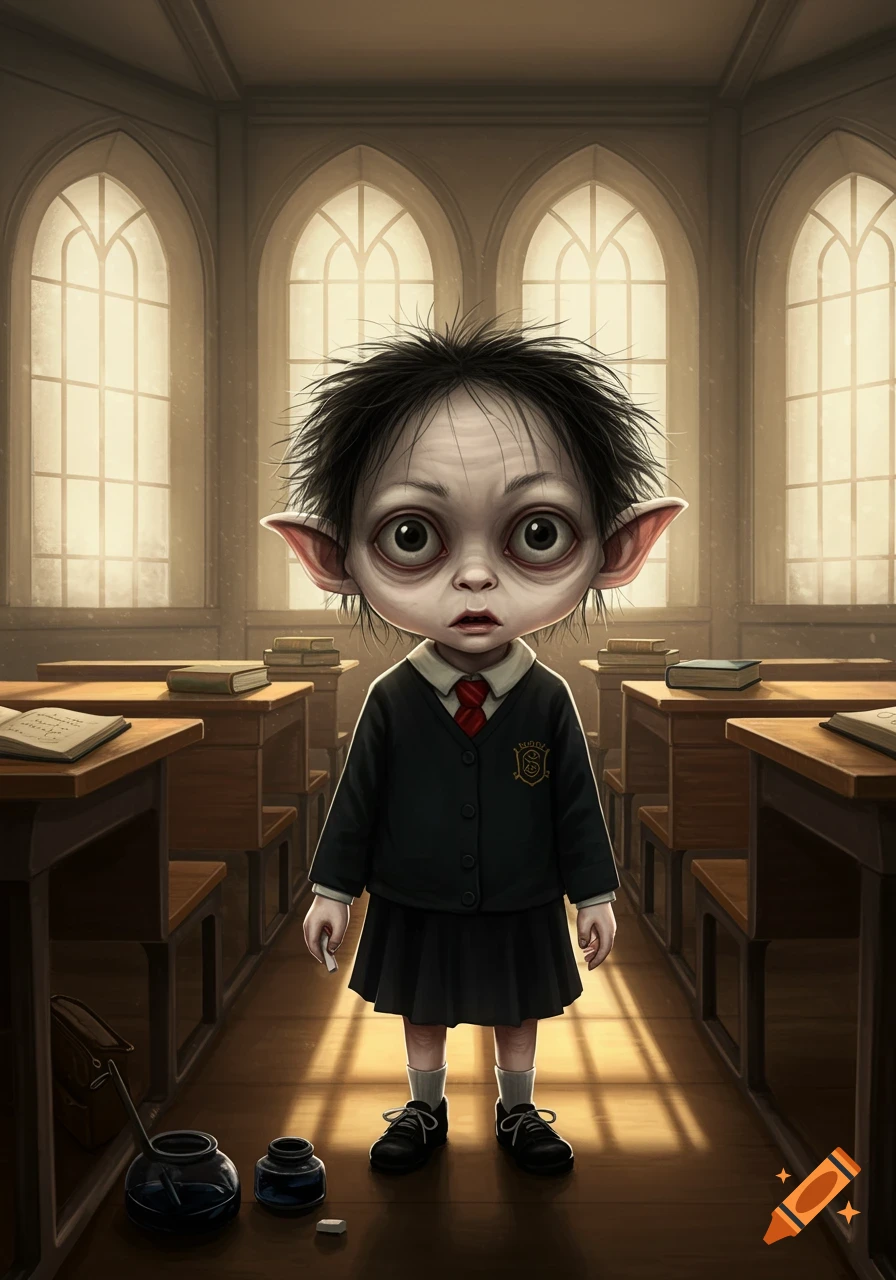 A child-like creature resembling Gollum in a school uniform stands in a ...