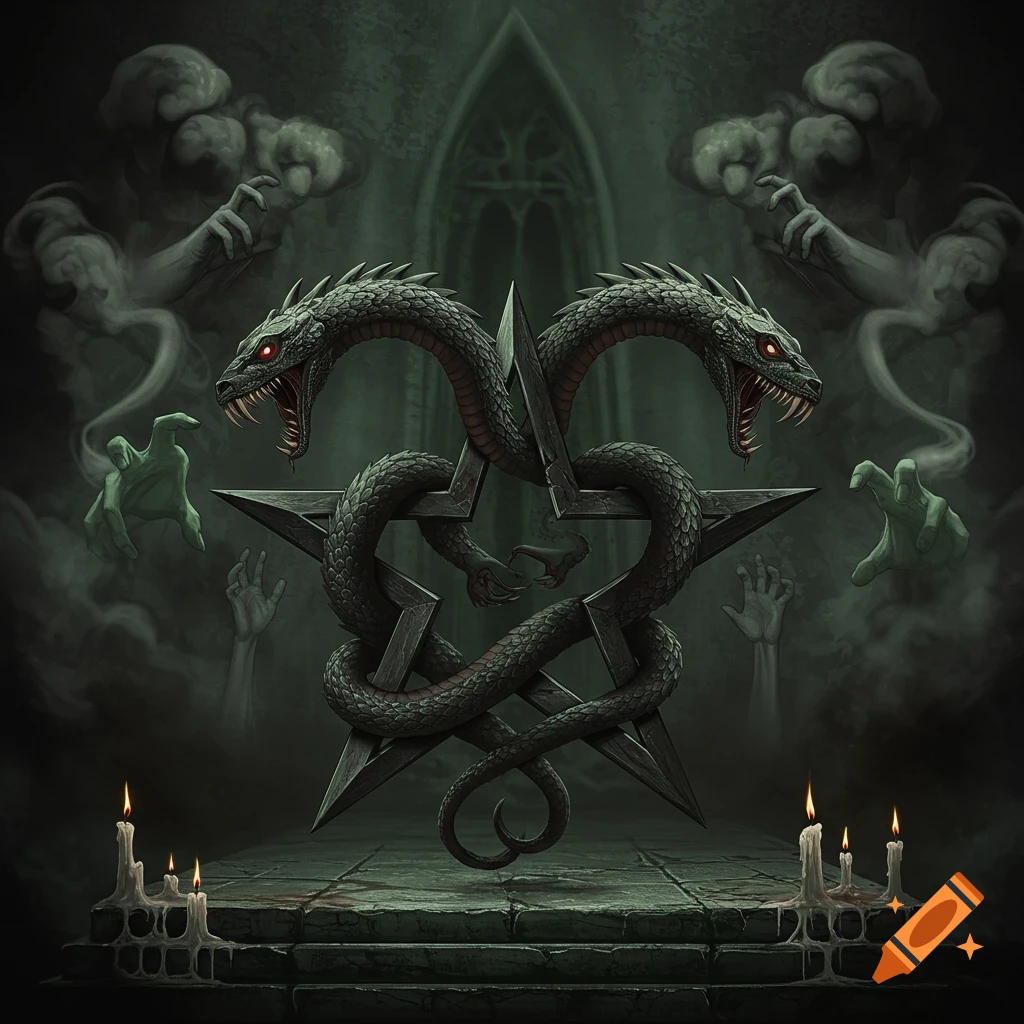 A gothic illustration of a two-headed serpent entwined around a six ...