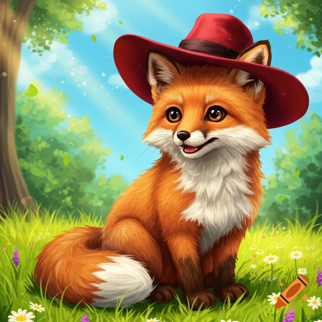 A cute cartoon fox wearing a red hat sits in a sunny green field with ...