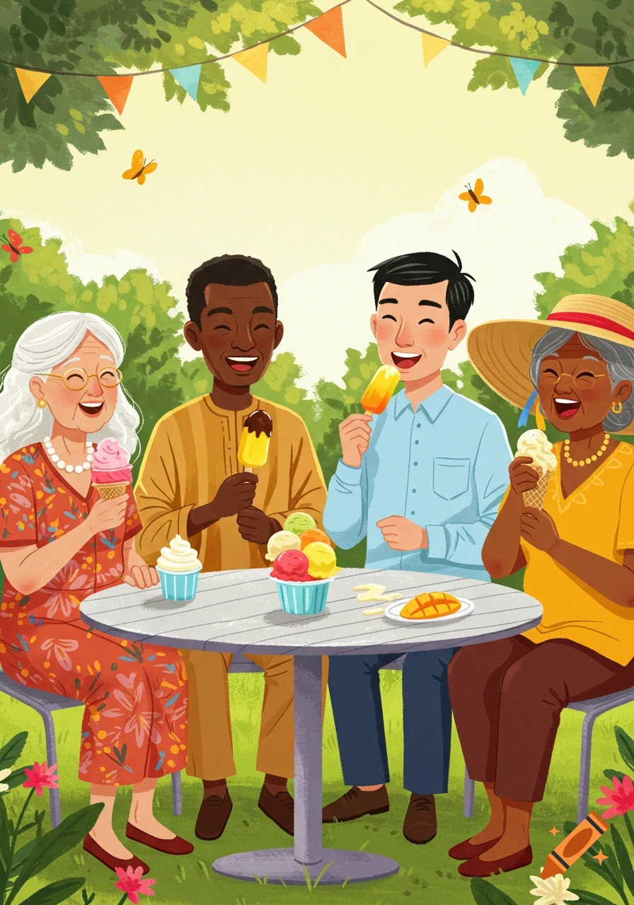 Four diverse cartoon people, two men and two women, happily eating ice ...