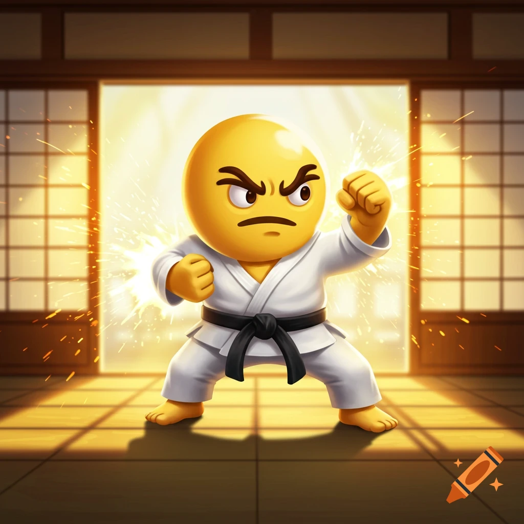 An angry cartoon emoji in a white karate gi with a black belt, striking ...