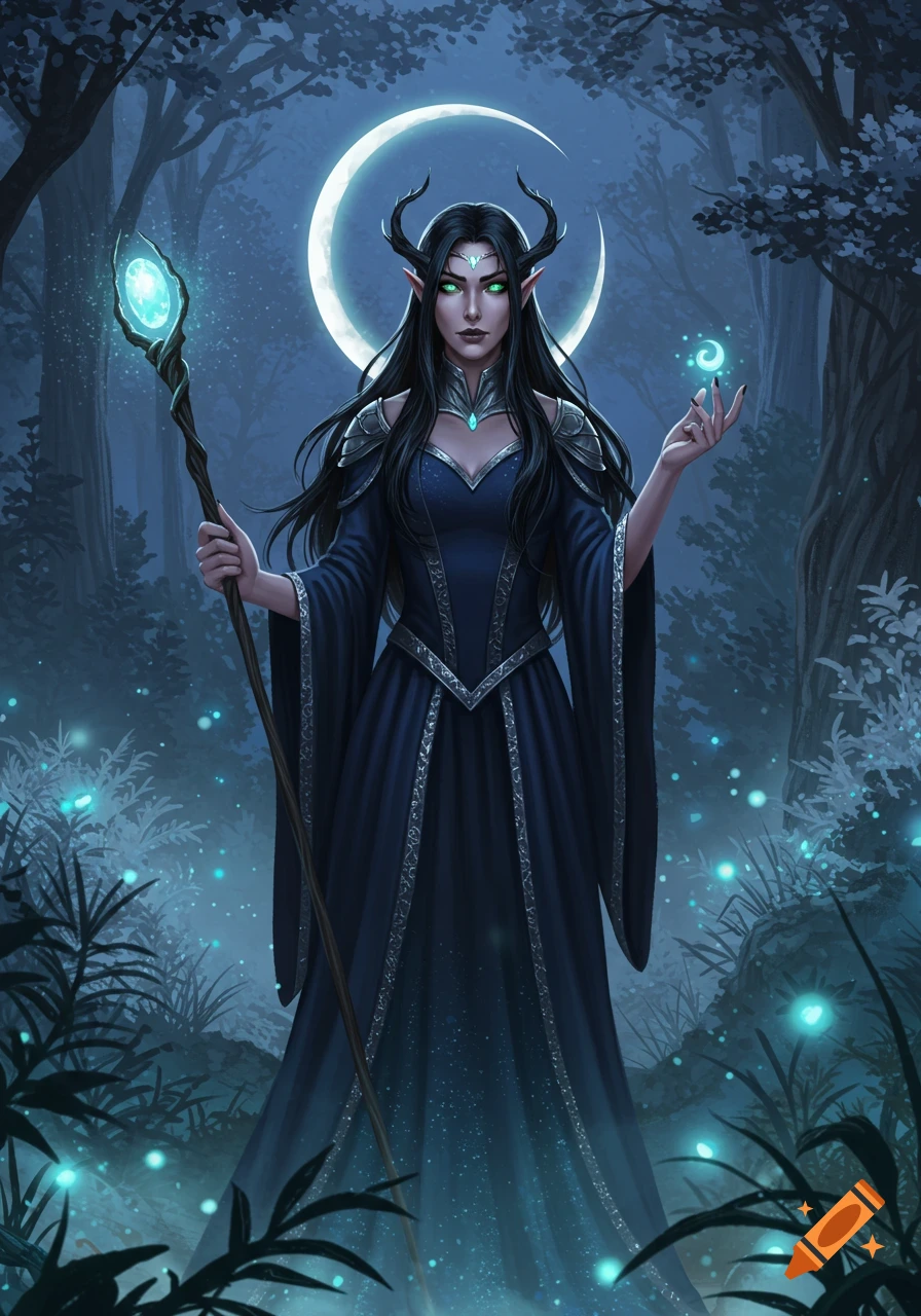 A dark-haired fantasy elf with horns and green eyes holds a glowing ...