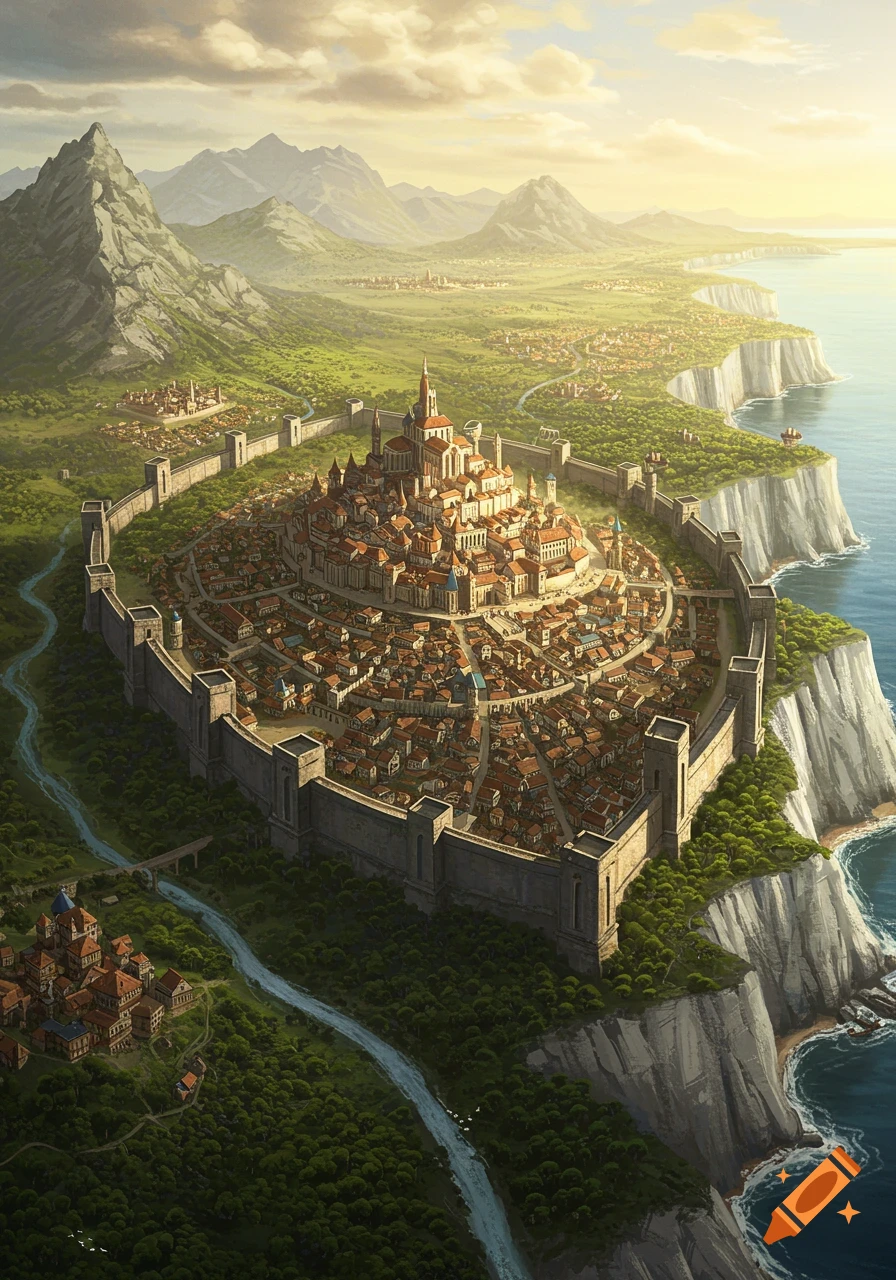 3D map of a medieval city surrounded by mountains and ocean on Craiyon