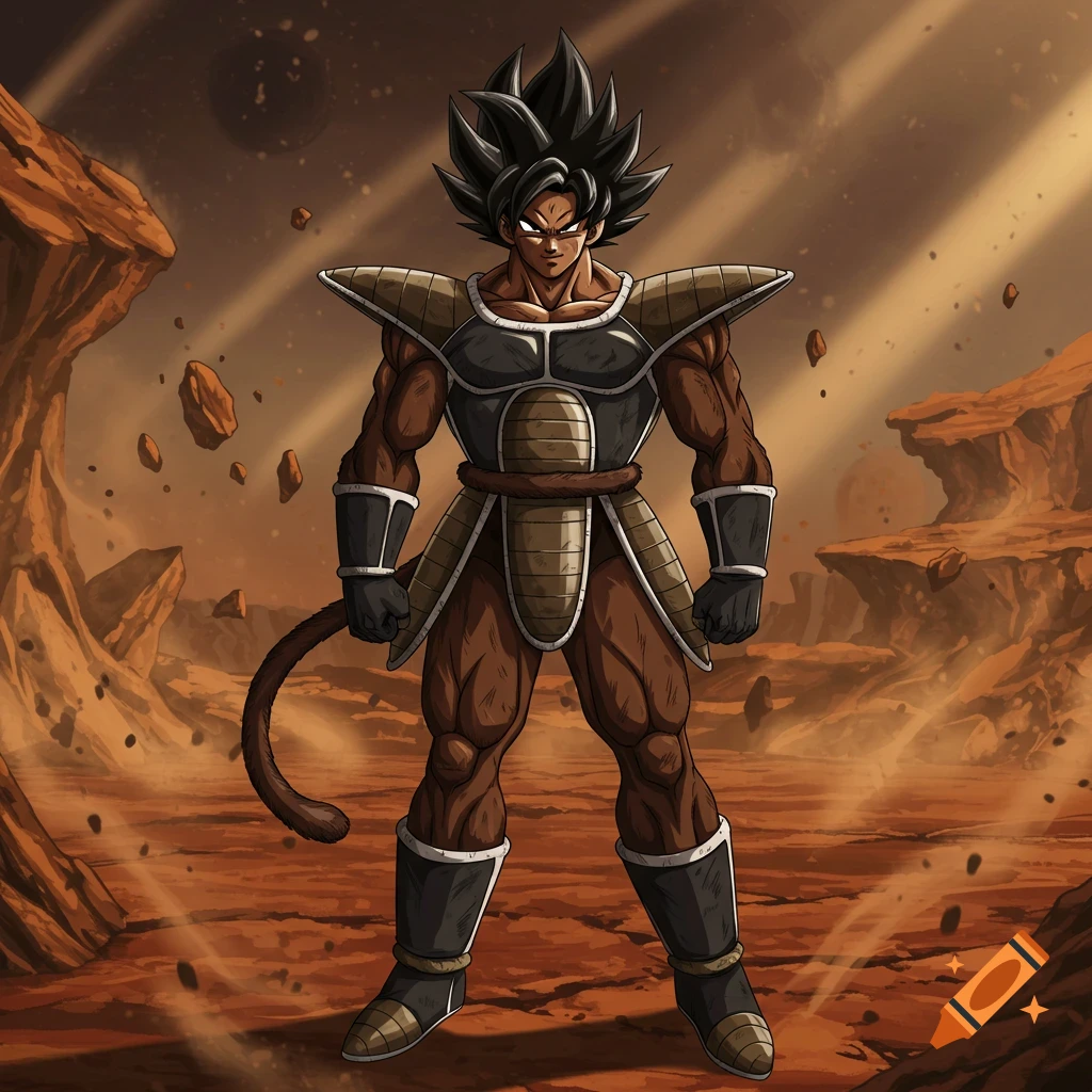 A dark-skinned Saiyan warrior with spiky black hair and golden eyes ...