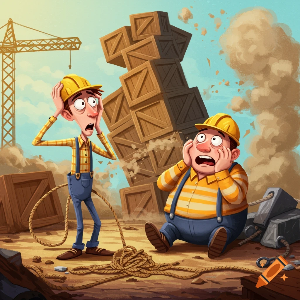 Cartoon construction workers watch in horror as a stack of crates ...