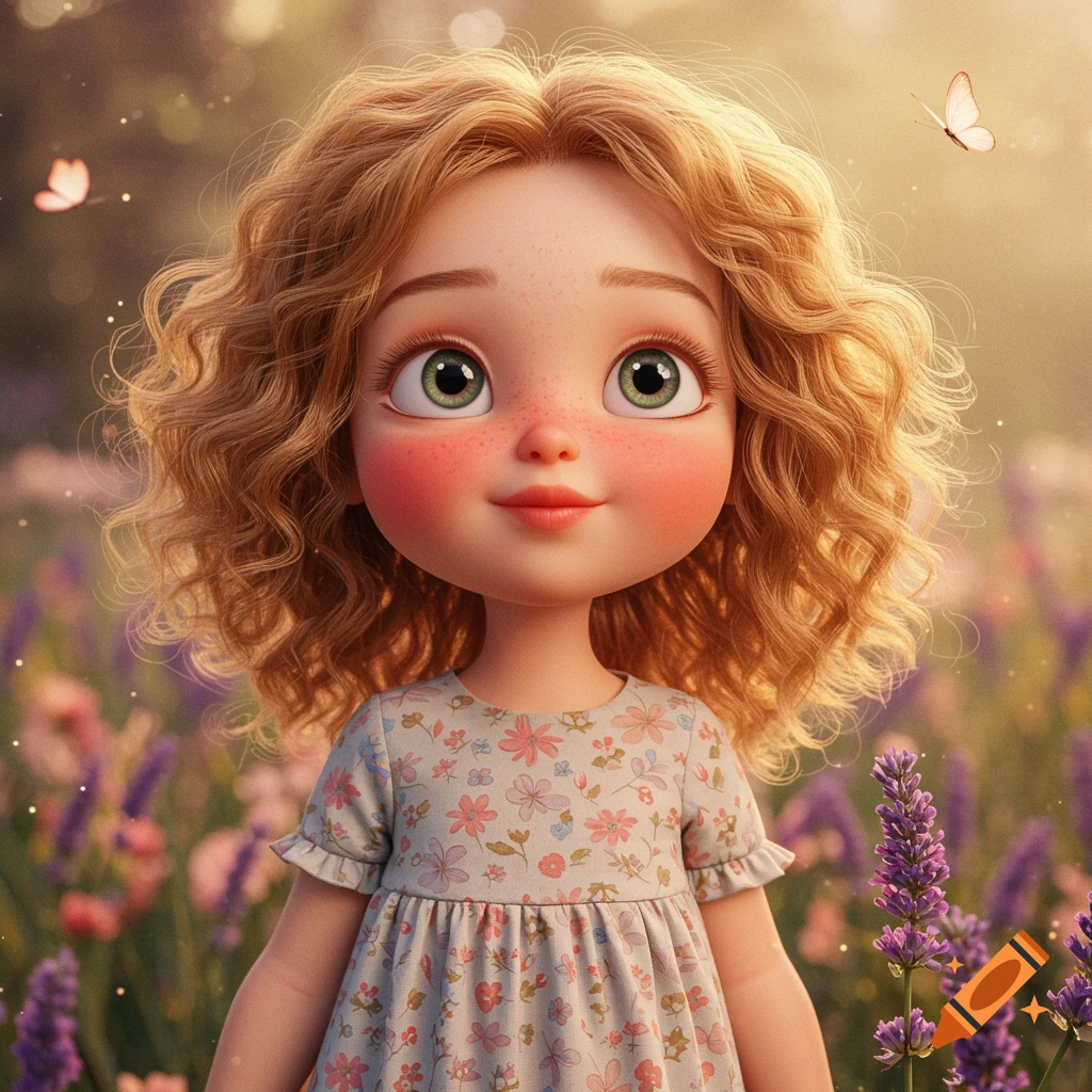 A cute, stylized cartoon girl with curly blonde hair and large green ...