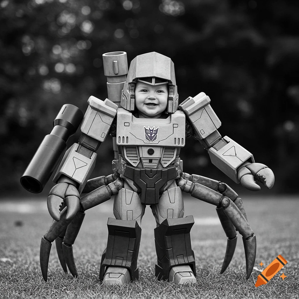 A baby in a detailed Megatron costume with crab legs smiles while ...