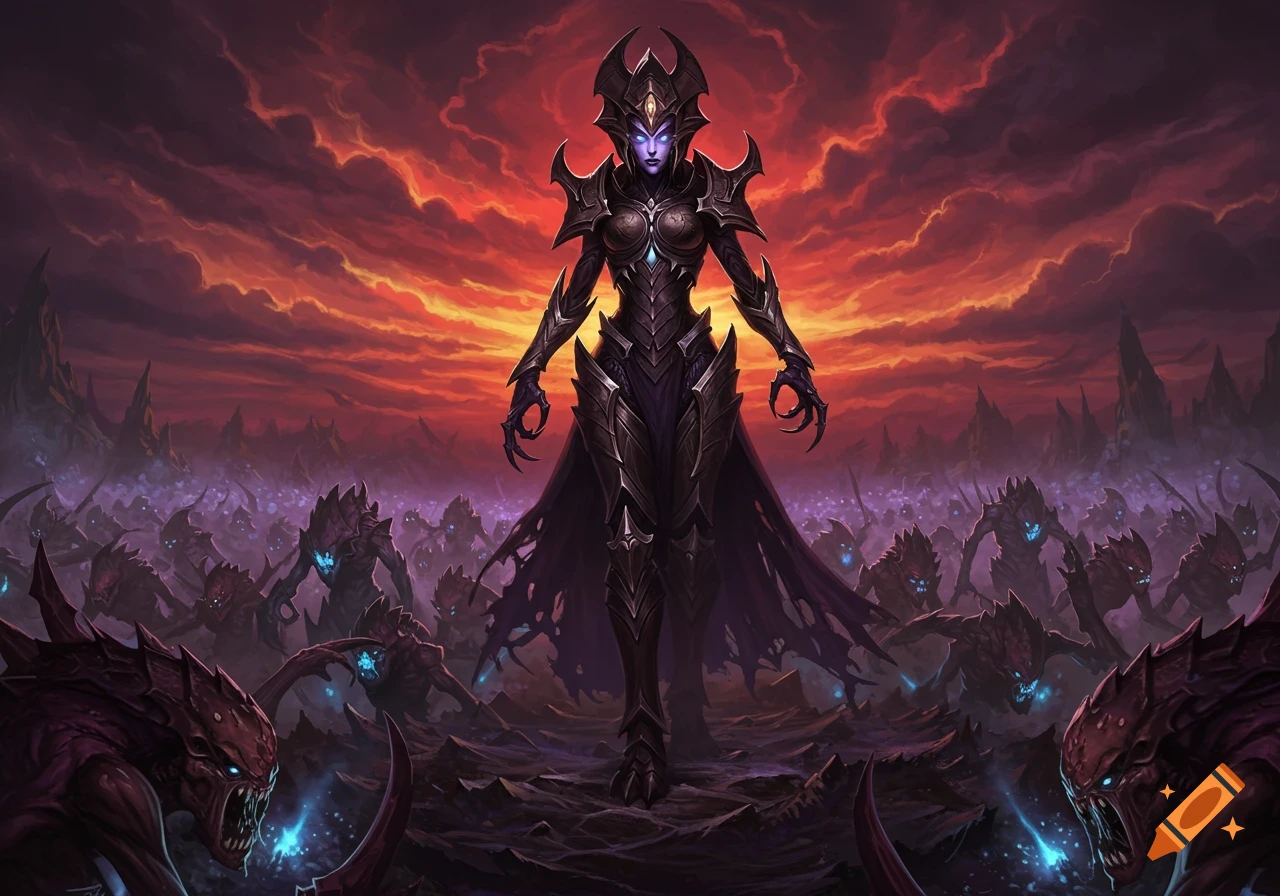 A dark fantasy queen in ornate armor stands amidst a horde of monstrous ...