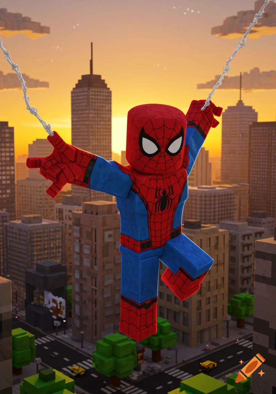 Blocky Spider-Man swings through a pixelated city at sunset ...