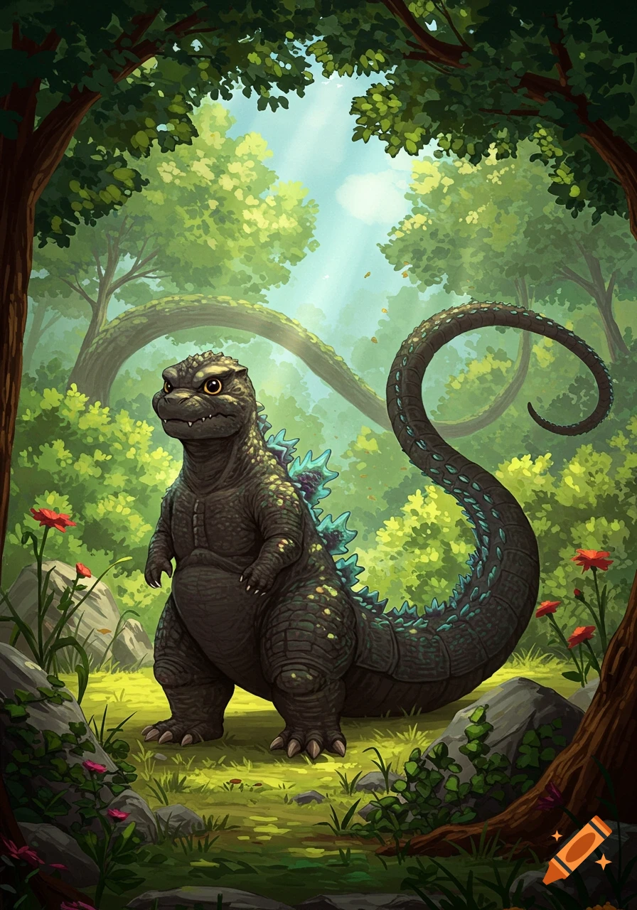 A cartoonish red and green scaly monster with large claws, standing in ...