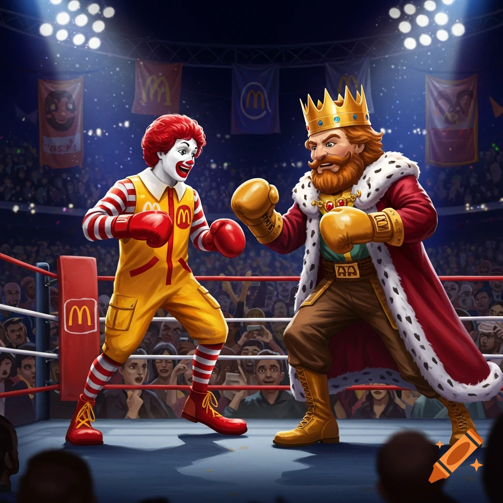 Ronald McDonald and Burger King in boxing gear face off in a brightly ...