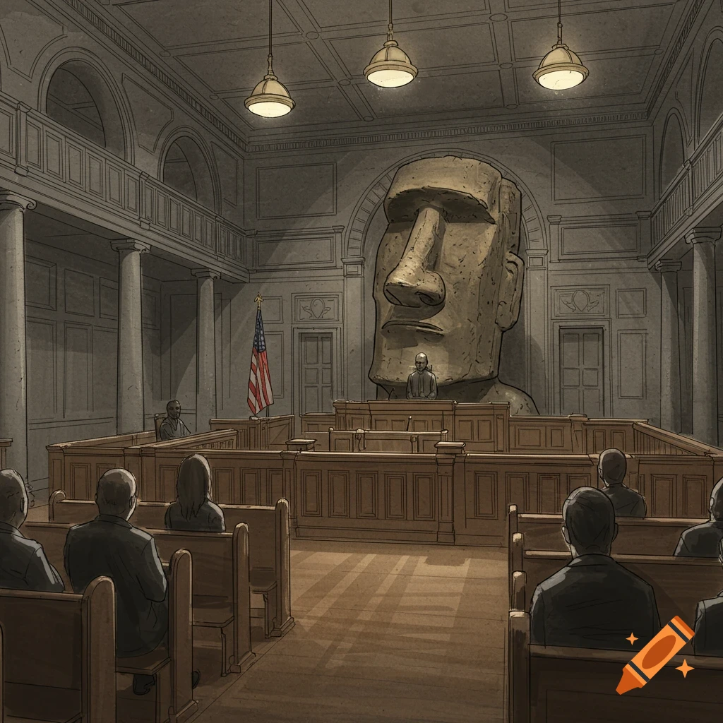 An illustrated courtroom sketch of a Sasquatch (Bigfoot) sitting at the ...