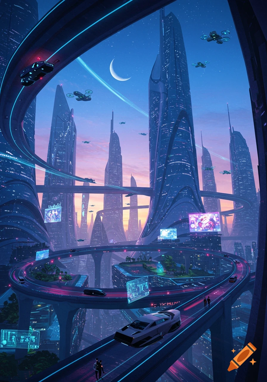 A futuristic cityscape with towering skyscrapers, elevated neon-lit ...