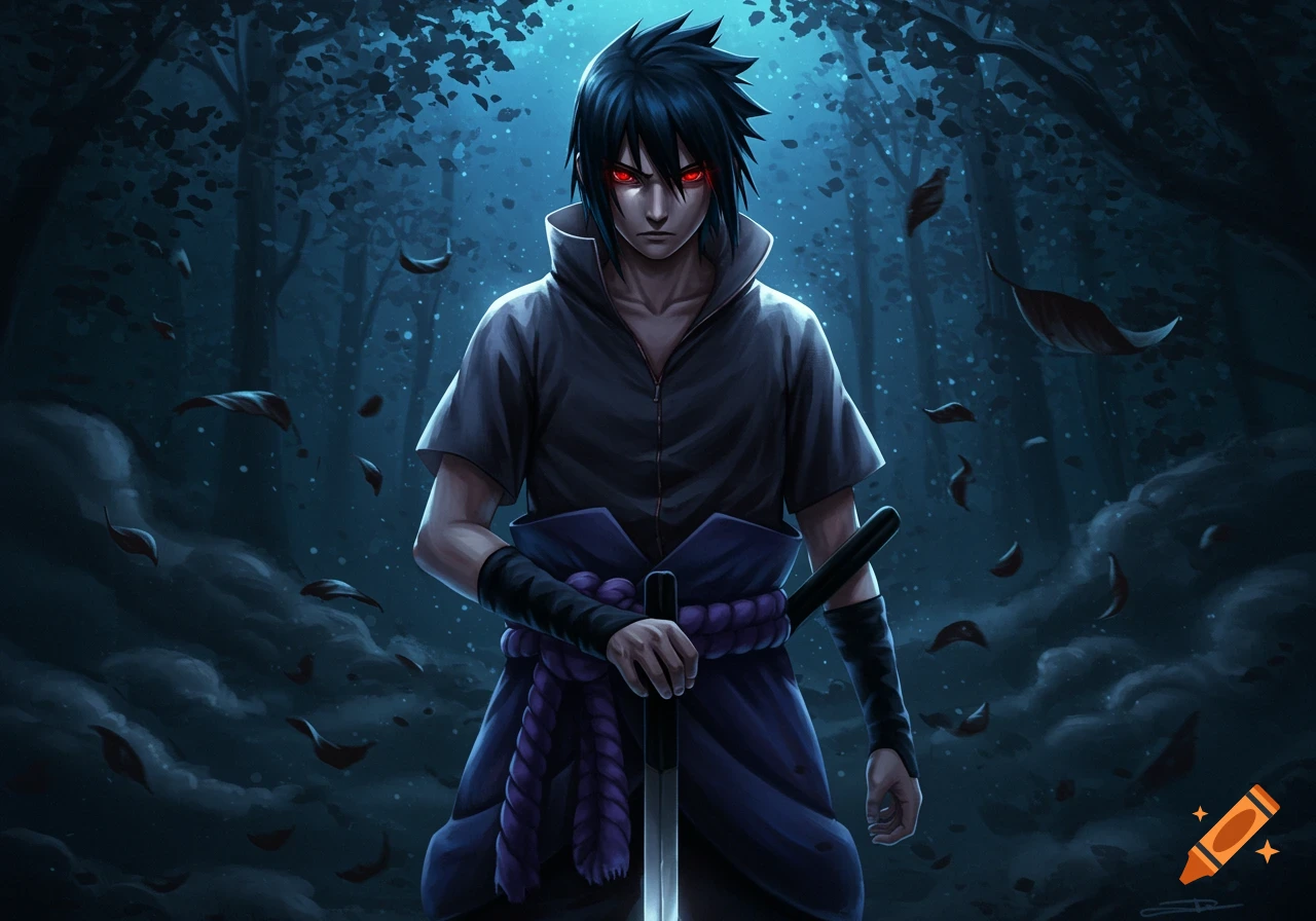 Illustration of Sasuke Uchiha with a beard, holding a sword against a ...
