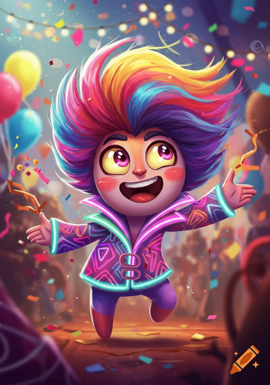 Smiling Trolls character with pink skin, long rainbow hair, blue flower ...