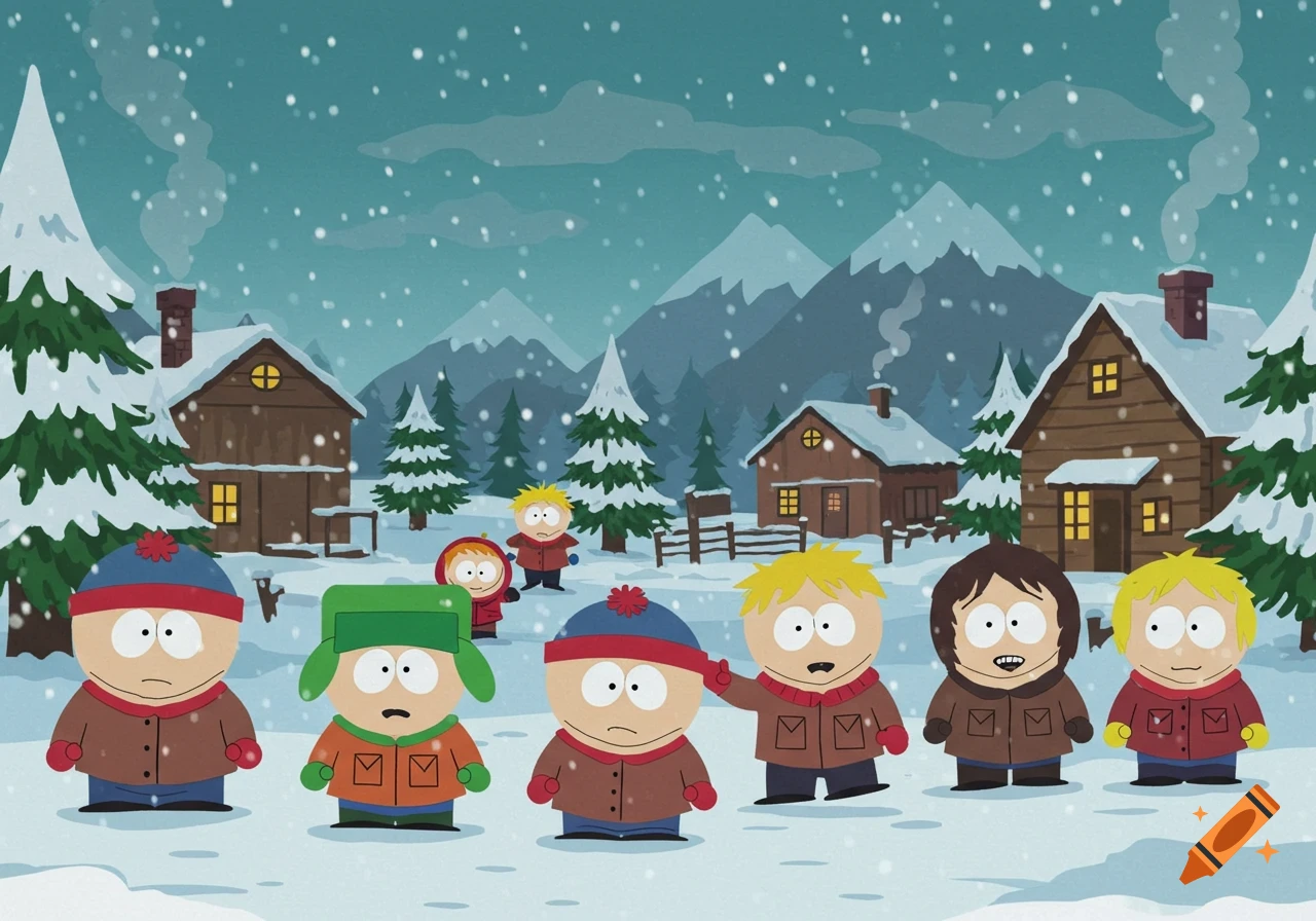 Four South Park characters stand in a snowy village with mountains in ...
