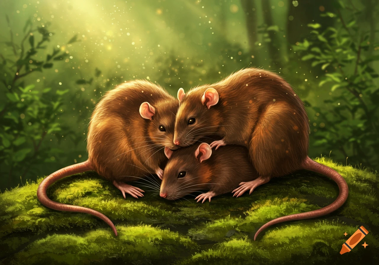 Three brown rats huddle together on mossy ground in a glowing green ...