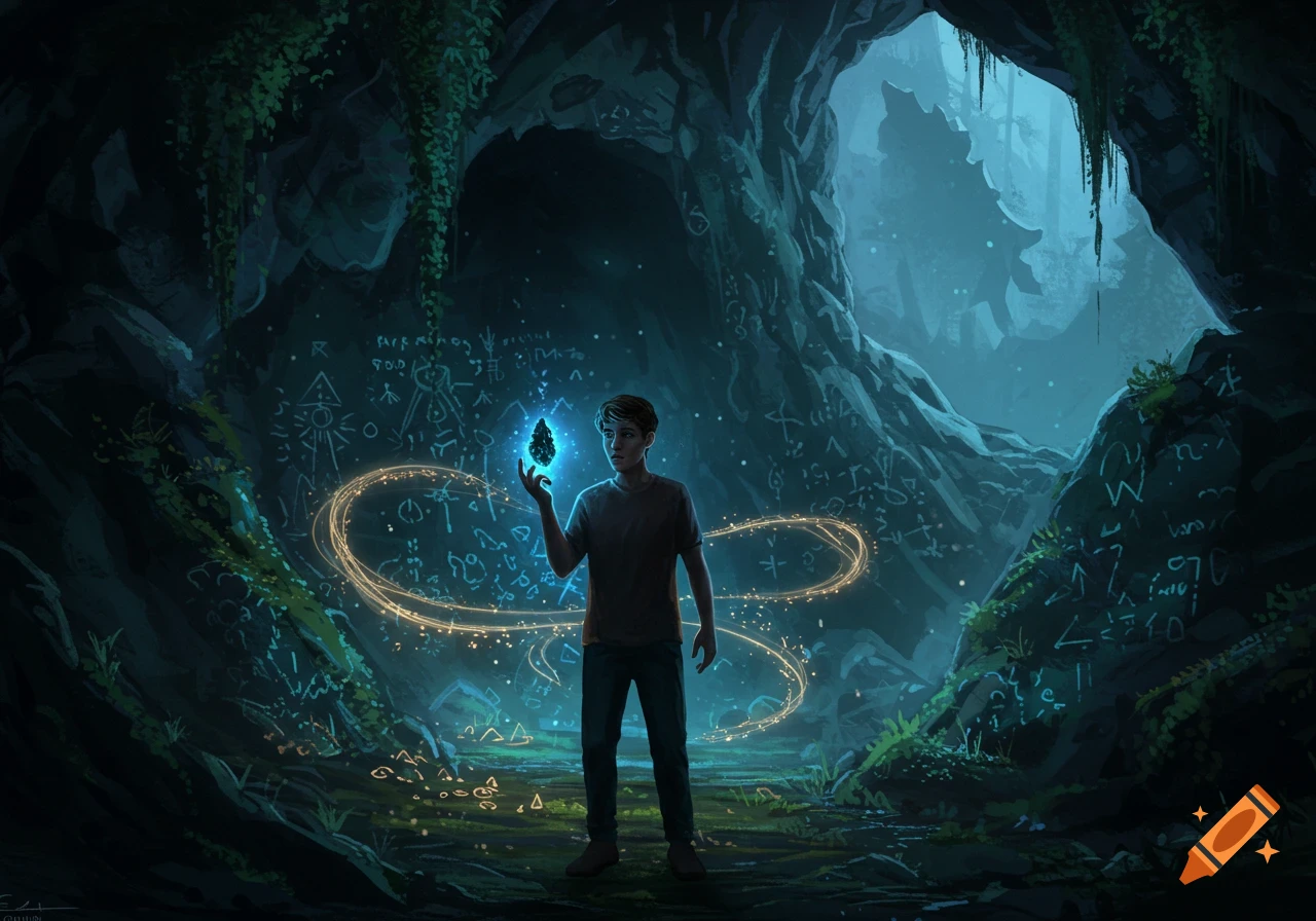 A young man holds a glowing blue stone in a dark, mystical cave with ...