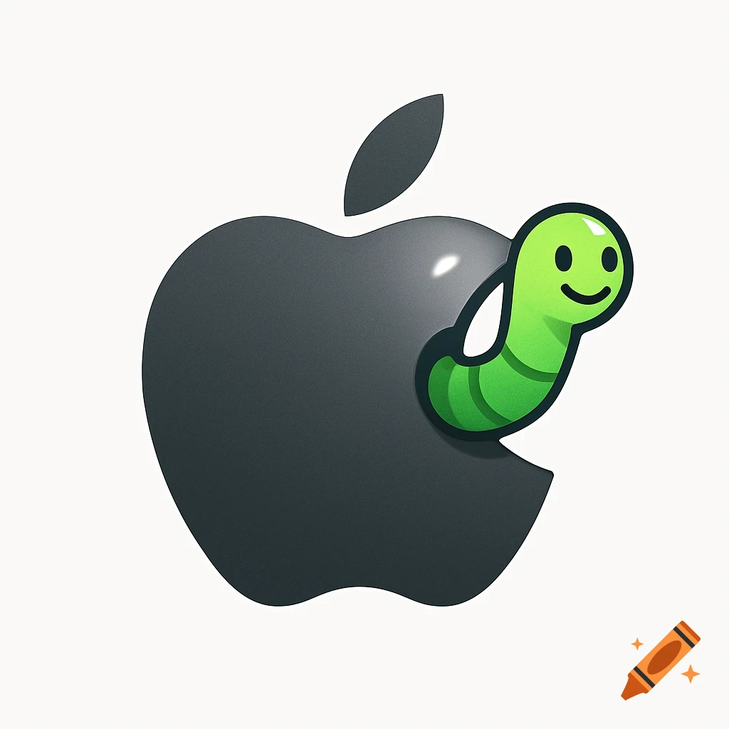 A dark gray Apple logo with a bright green cartoon worm peeking out of ...