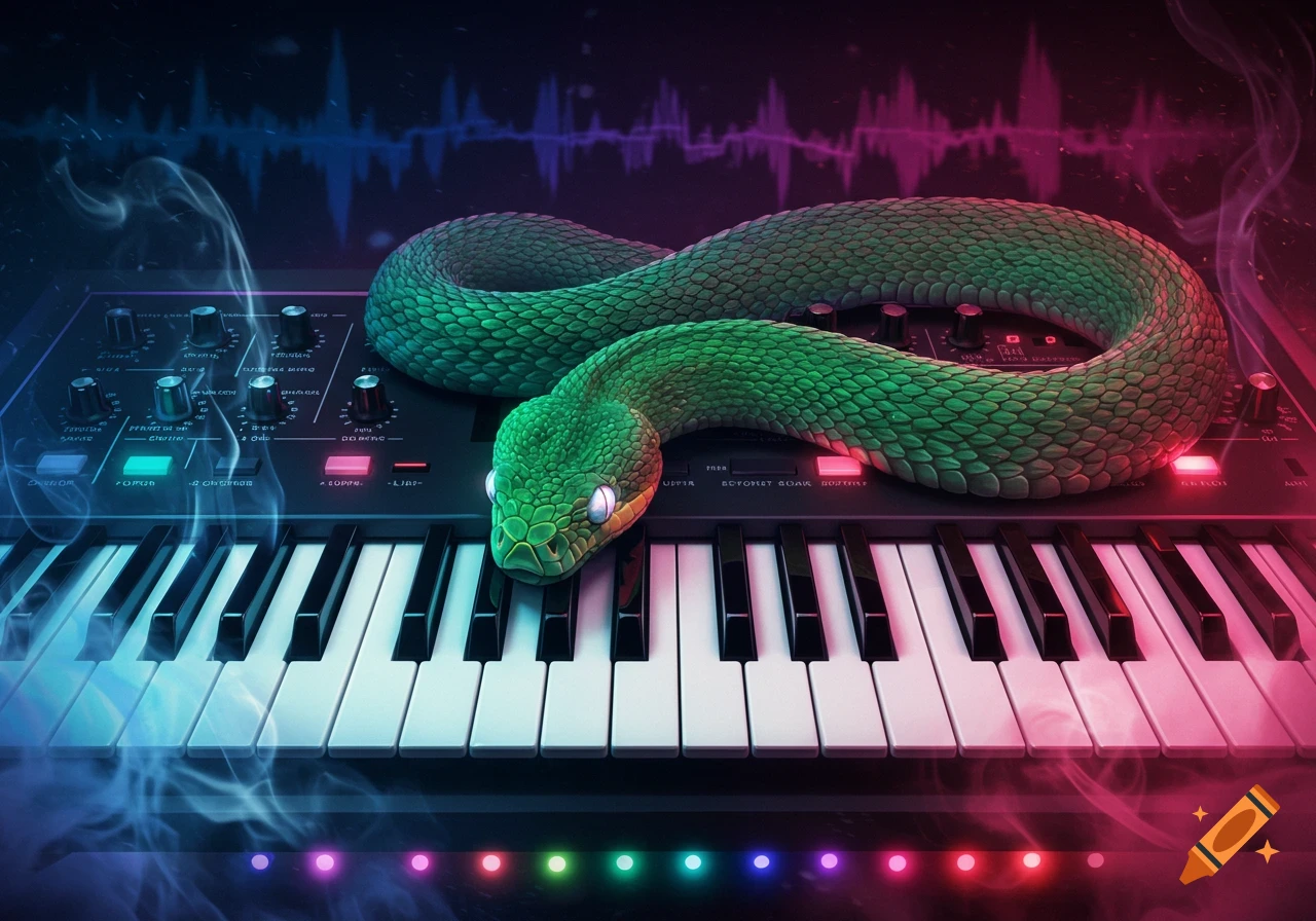 A green snake coiled on a synthesizer keyboard with glowing keys and ...
