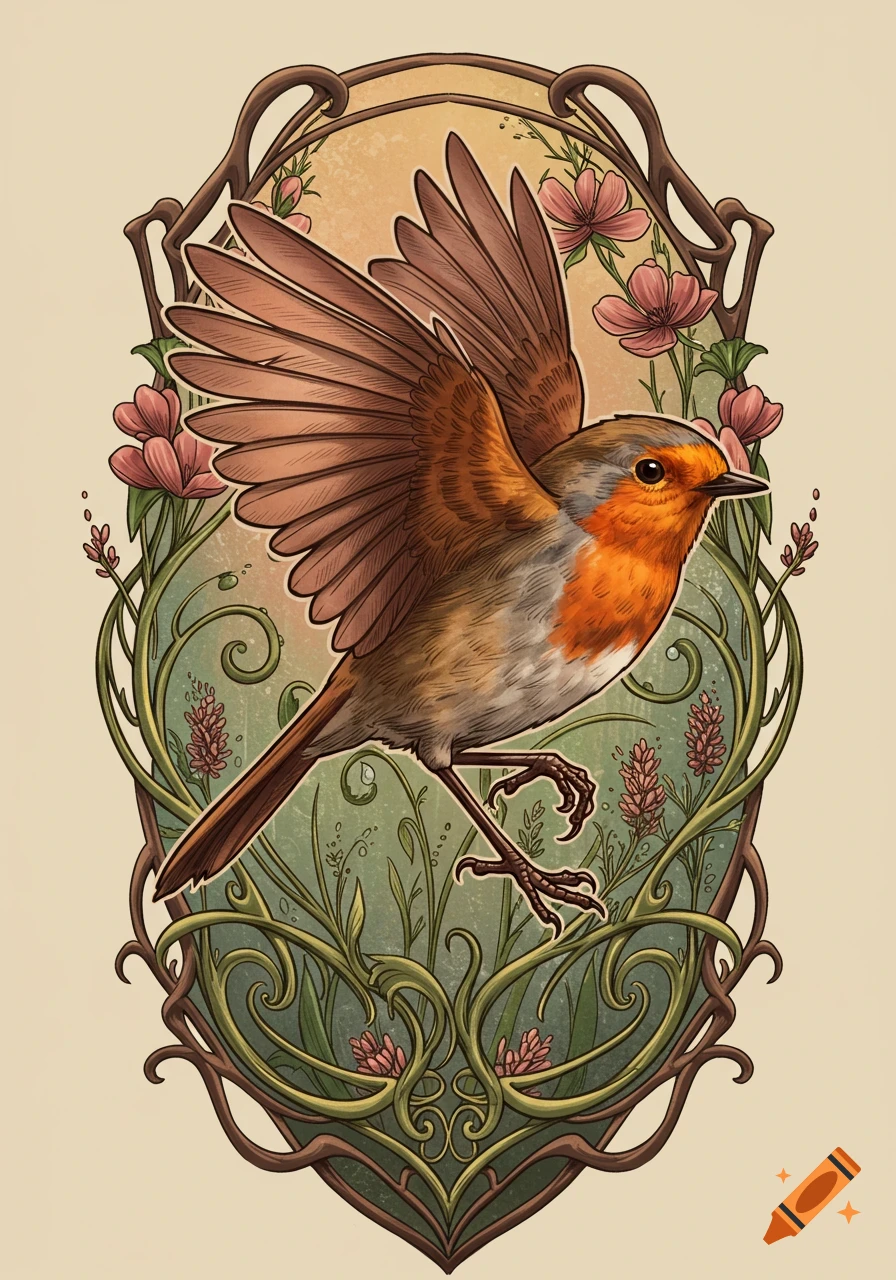 An illustration of a robin with outstretched wings, framed by swirling ...