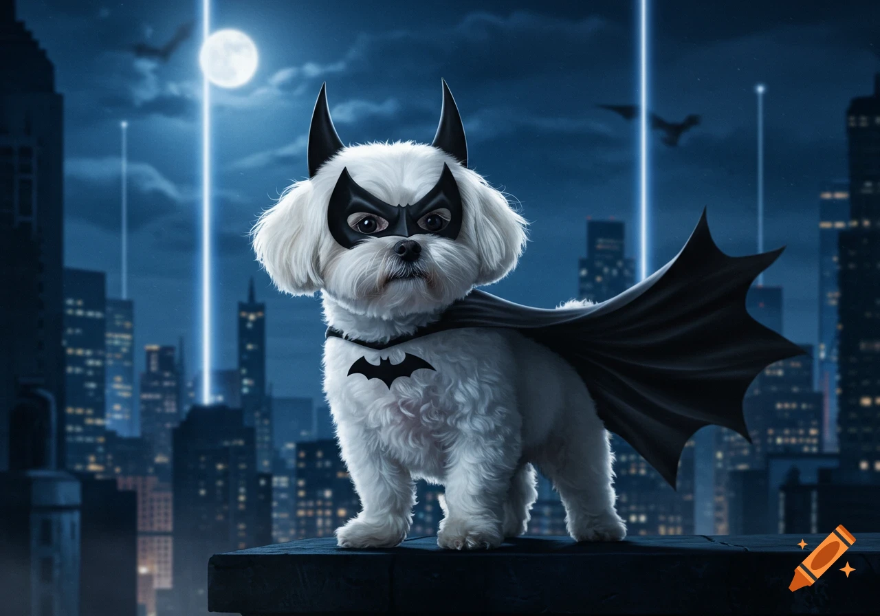 A white fluffy dog dressed as Batman, complete with mask and cape ...