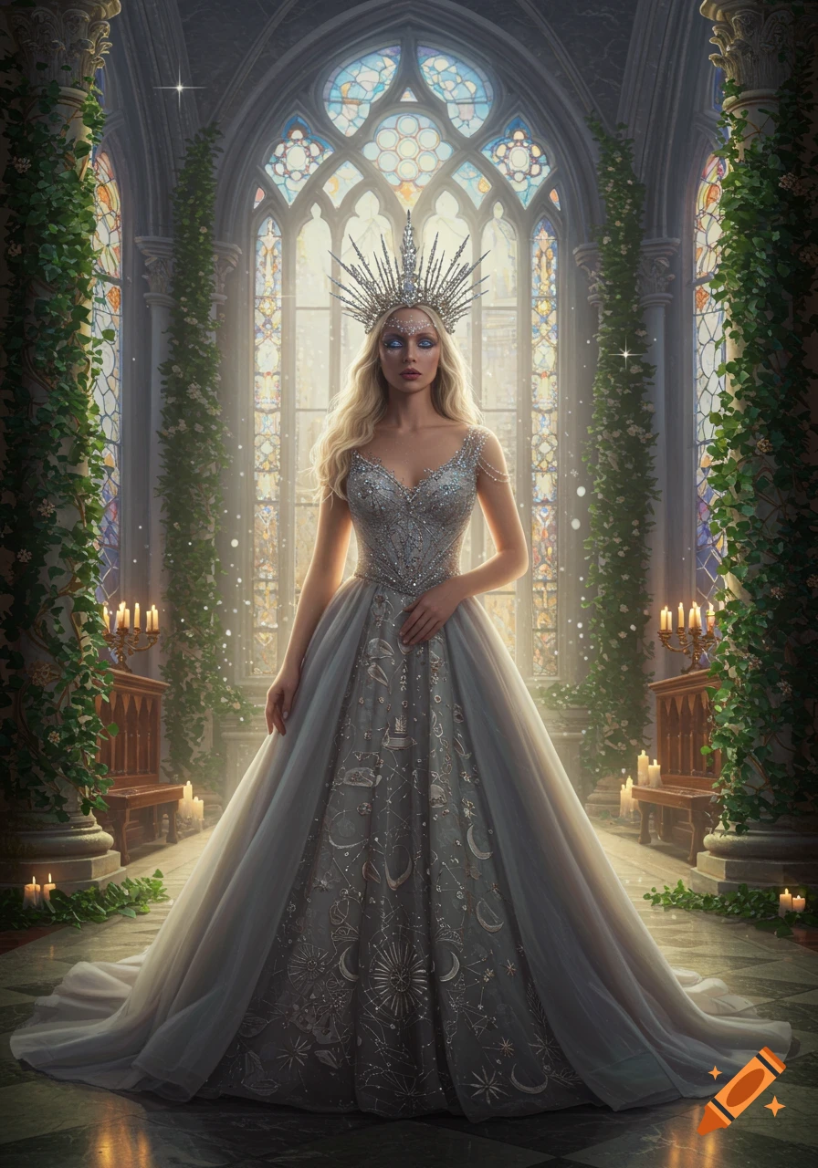 A photorealistic depiction of a blonde princess in a silver gown and ...