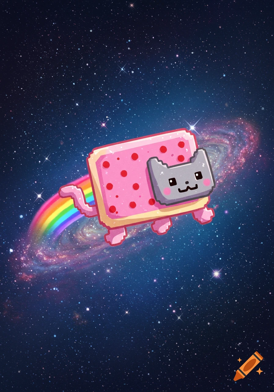Pixelated Nyan Cat flying through a starry outer space with a long ...