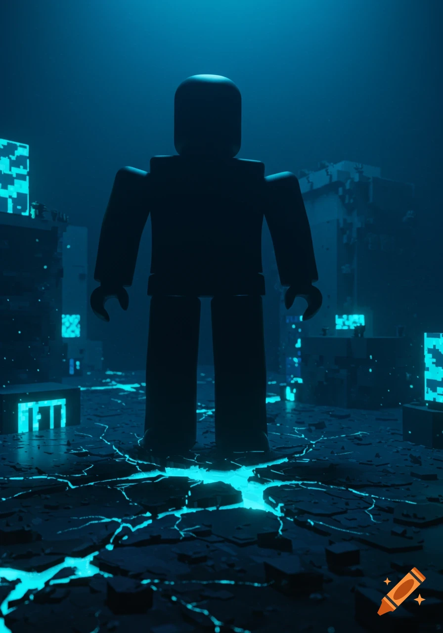 A dark, silhouetted Roblox-like figure stands on a cracked, glowing ...