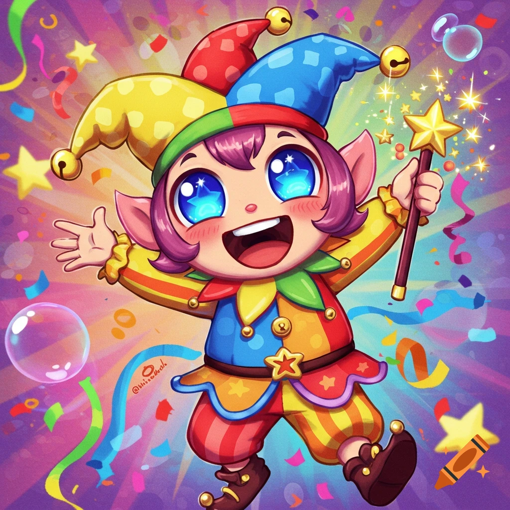A colorful jester in a crayon drawing style holds a flower. on Craiyon