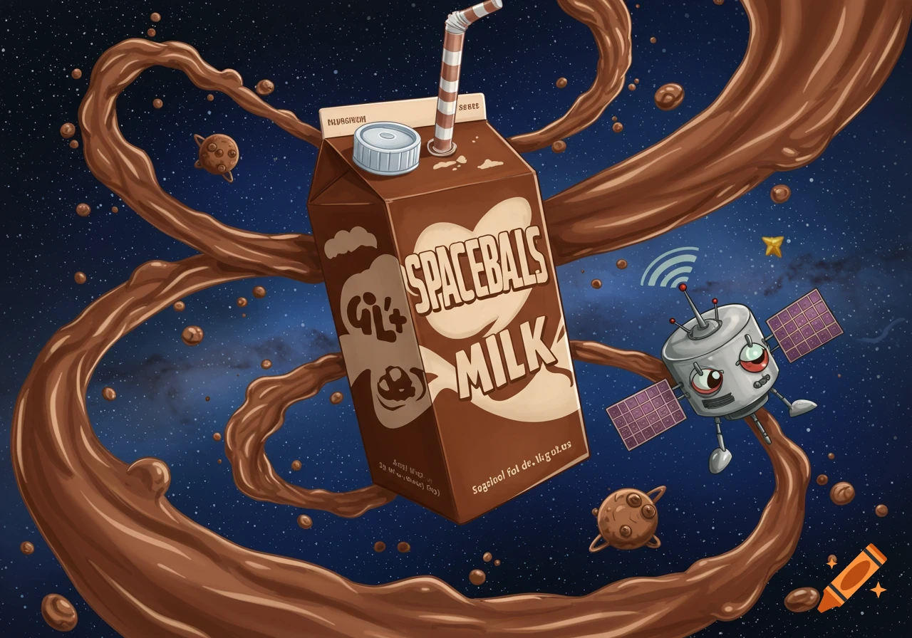A carton of 'SPACEBALLS MILK' with a straw floating in space ...