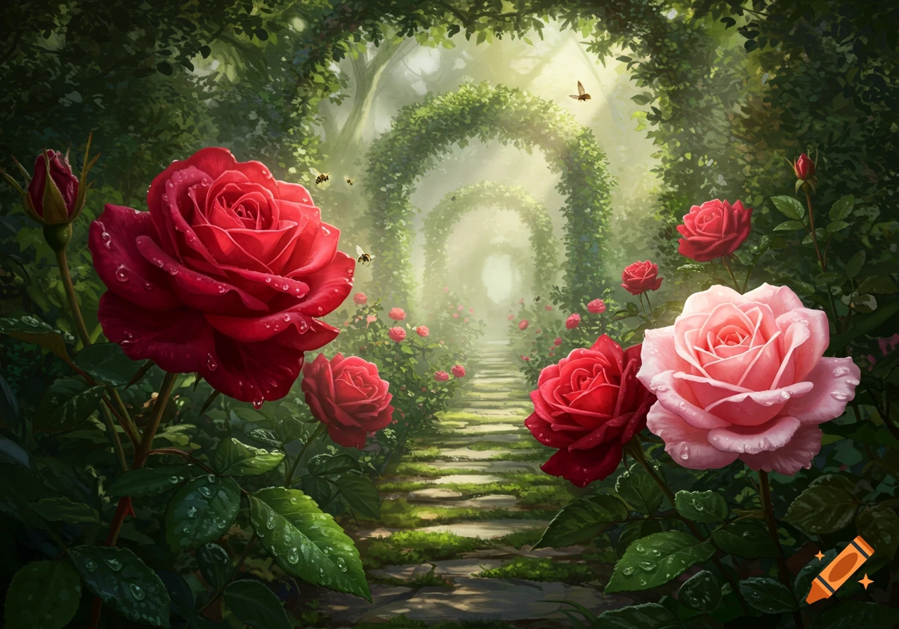 Vibrant red and pink roses with dew drops frame an enchanting garden ...