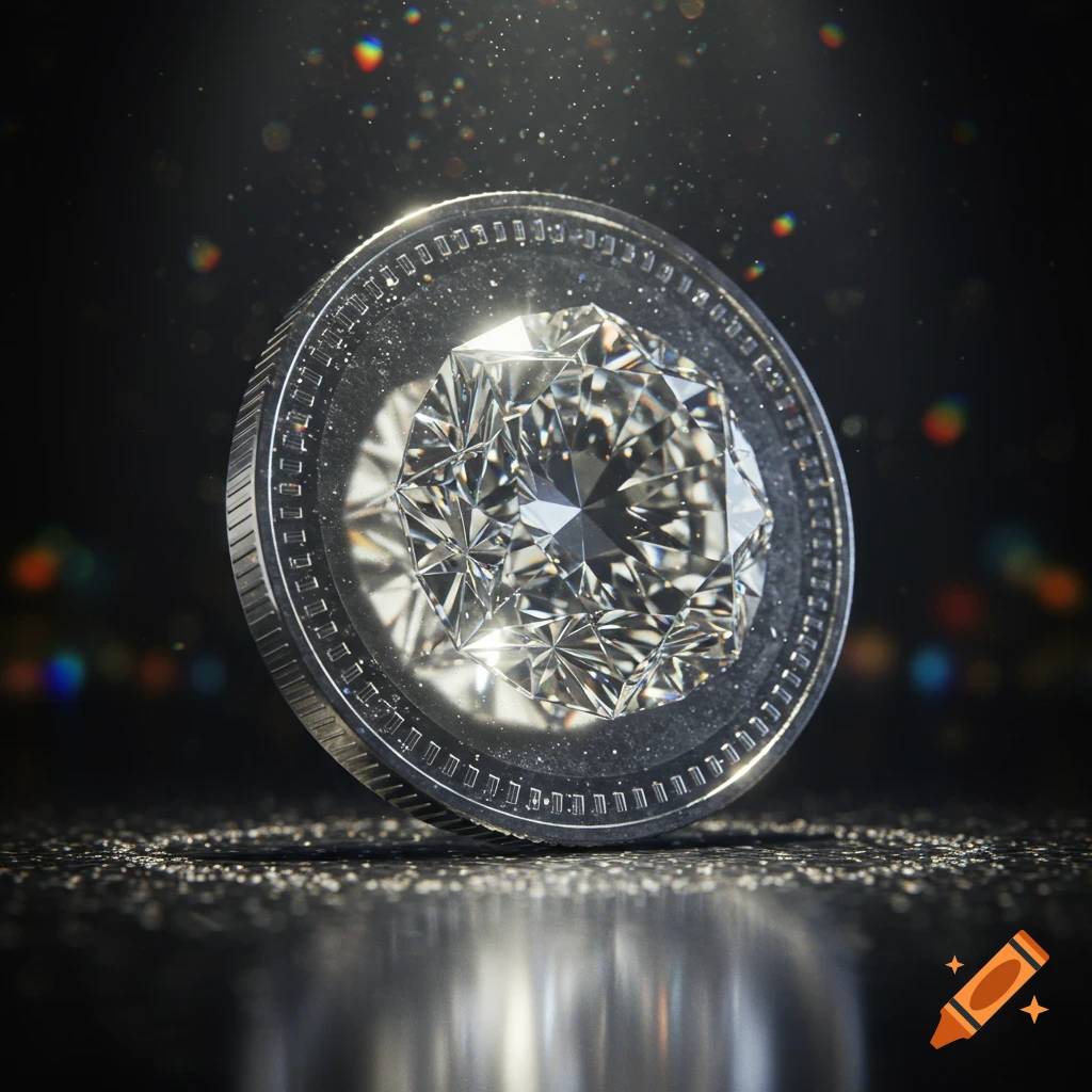 A sparkling diamond embedded in a silver coin stands on a reflective ...