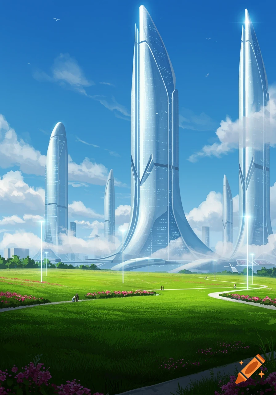 A vibrant, futuristic utopian cityscape with towering green-covered ...