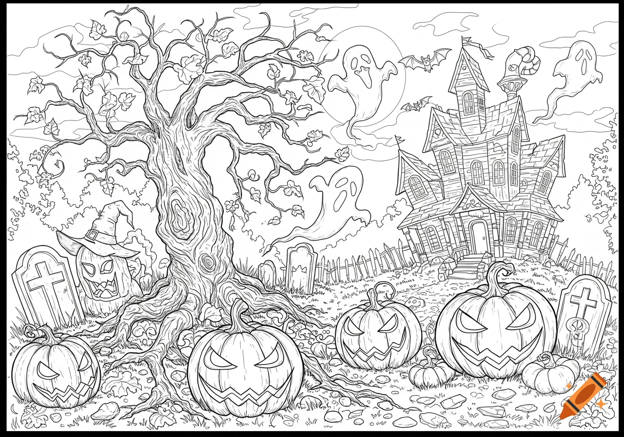 A black and white line art Halloween coloring page with a jack-o ...