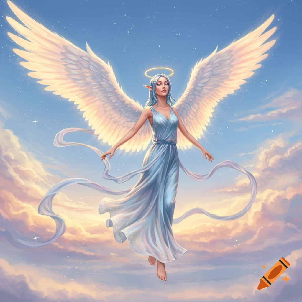 An angelic woman with large white wings and a halo floats in a light ...