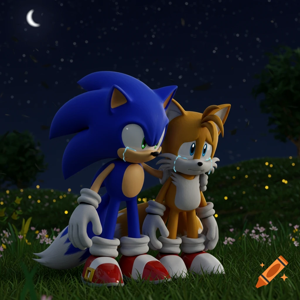 3D animated Sonic the Hedgehog comforts a crying Tails in a grassy field at night under a ...