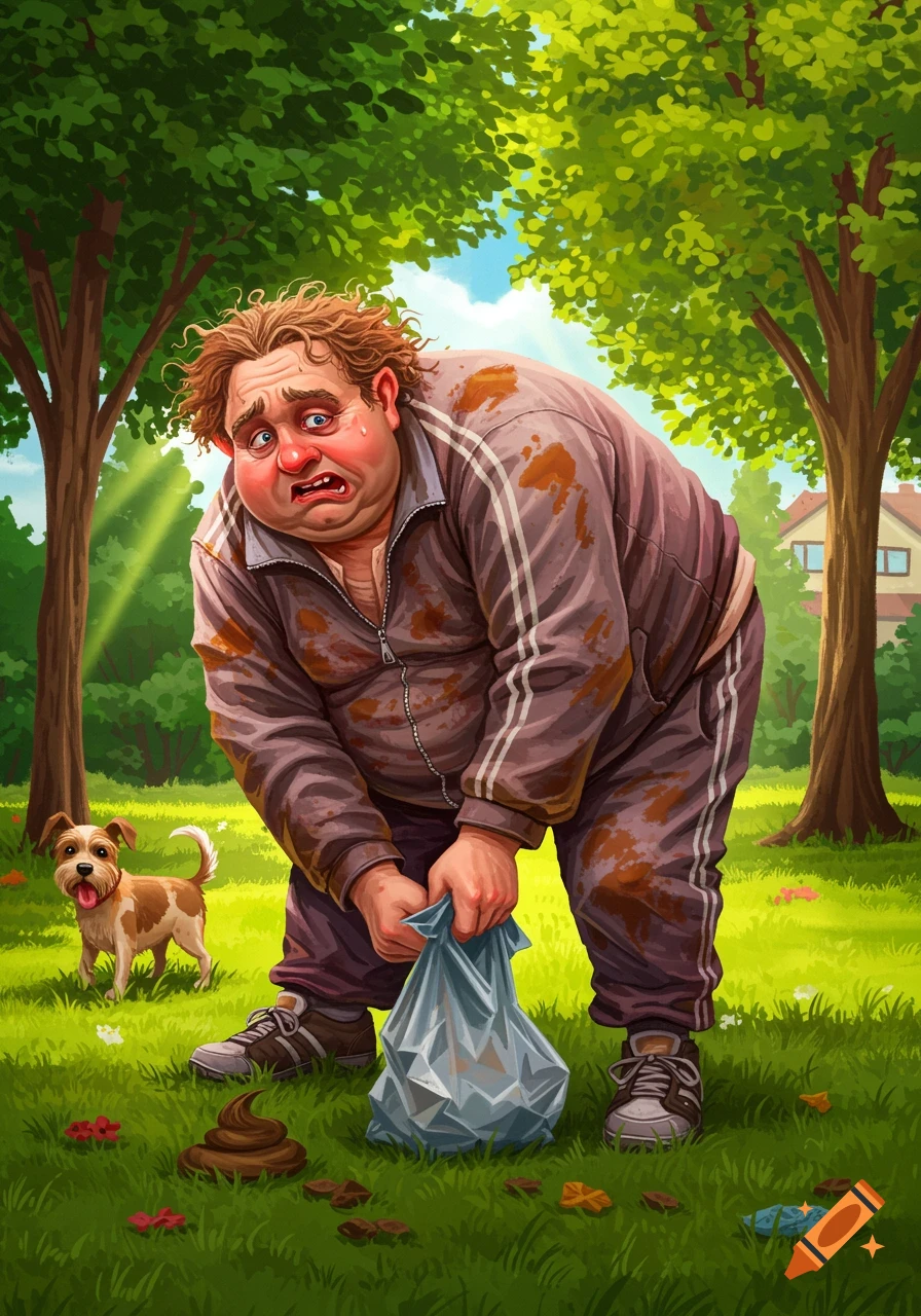 A disheveled man with a disgusted expression picks up dog poop with a ...