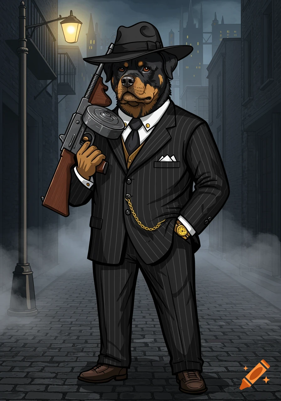 Two stylized mobsters, one older and one younger, hold tommy guns in ...