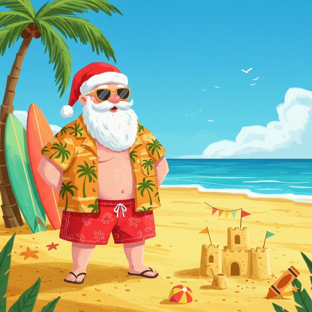 Santa Claus wearing a Hawaiian shirt and sunglasses stands on a sunny ...