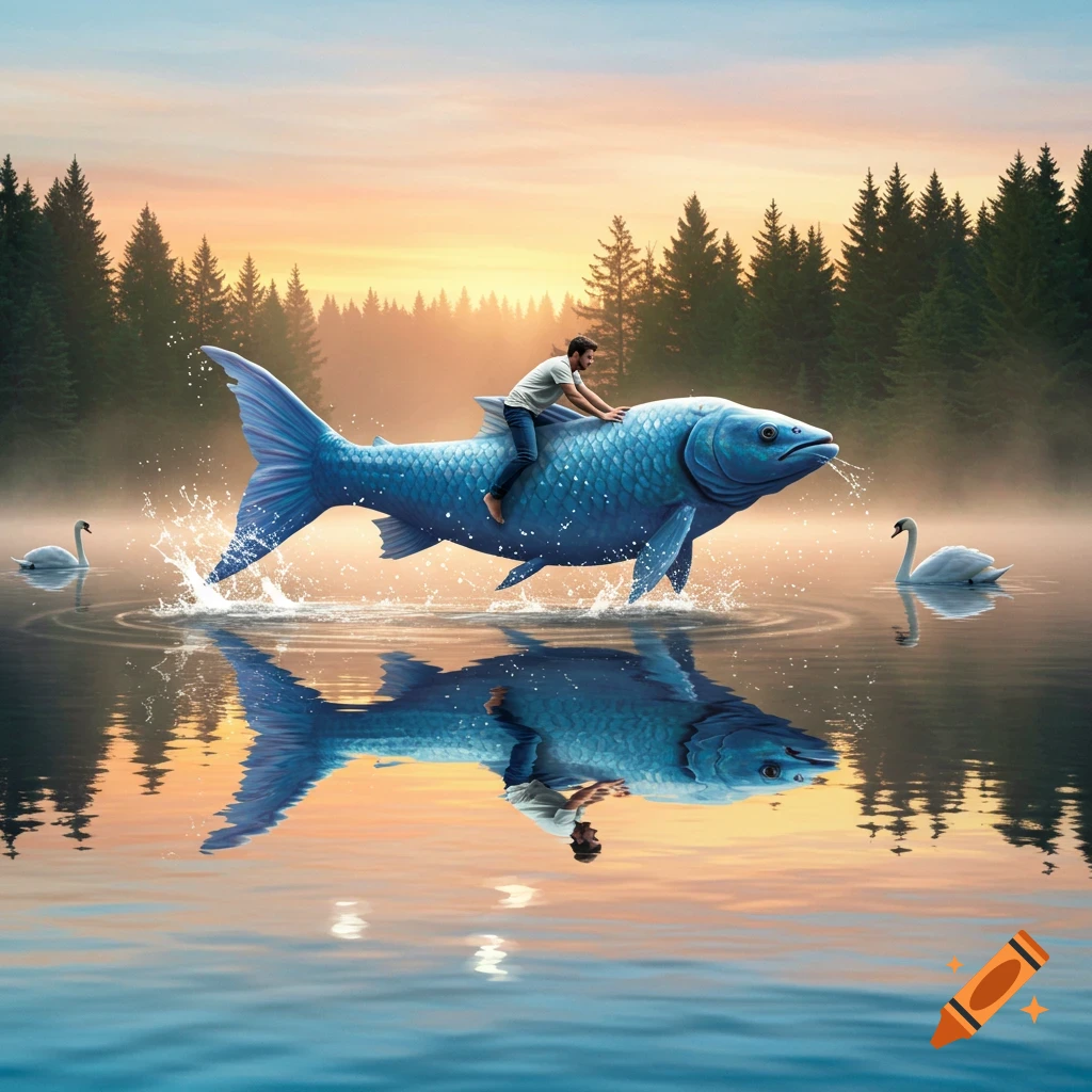 A man rides a giant blue fish leaping from a misty lake at sunset, with ...