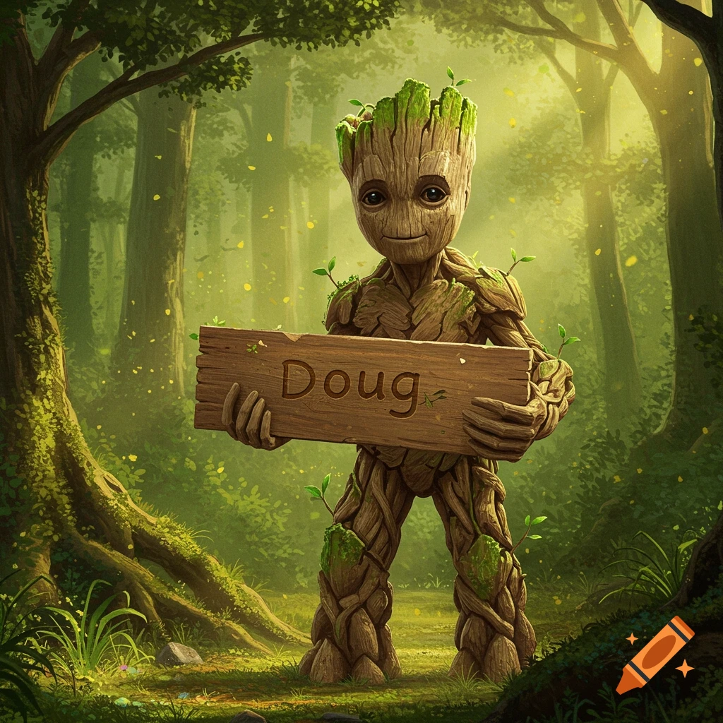 A tree-like character, Groot, stands in a sunlit forest, holding a ...