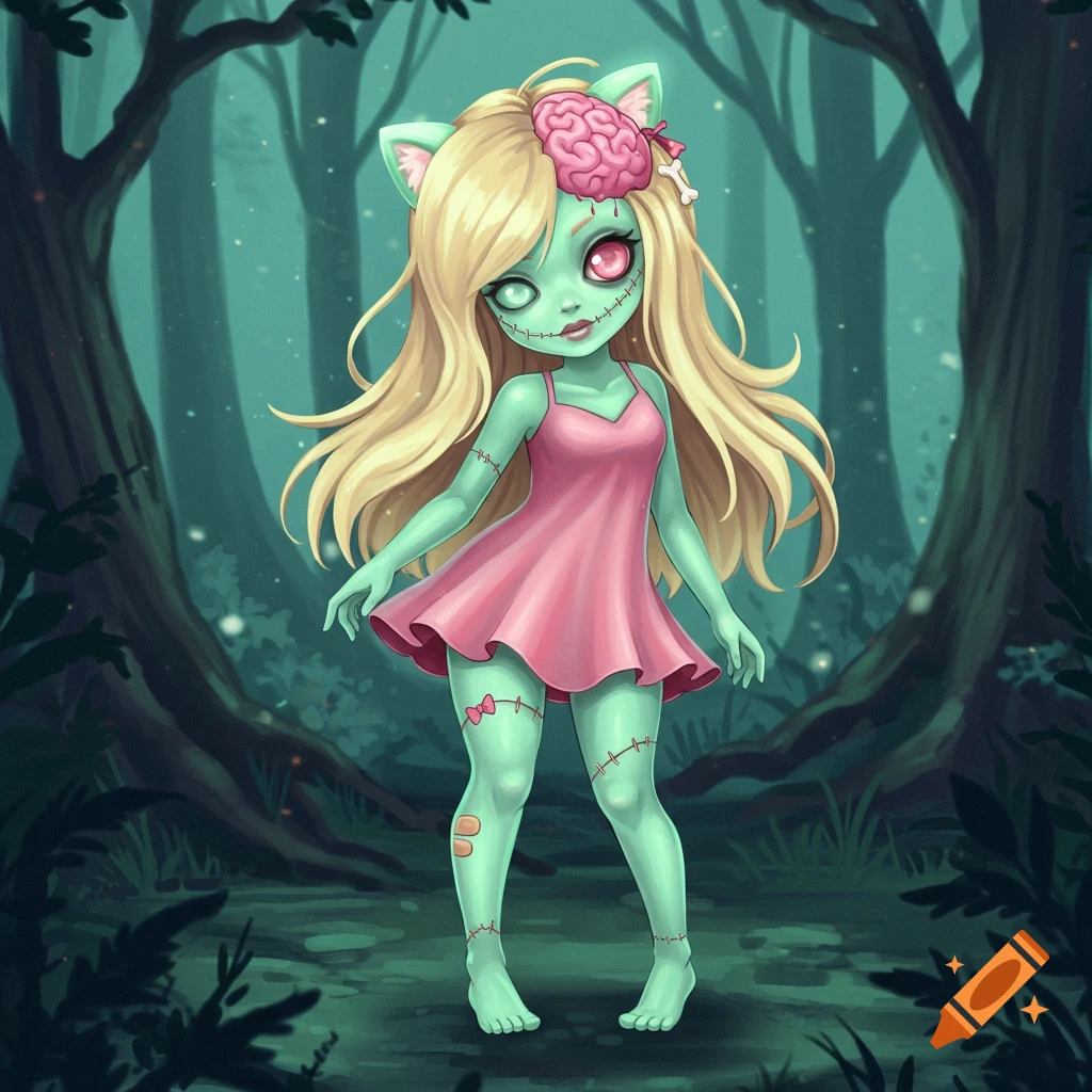 A cartoon zombie girl with blonde hair, pink brains, cat ears, and ...
