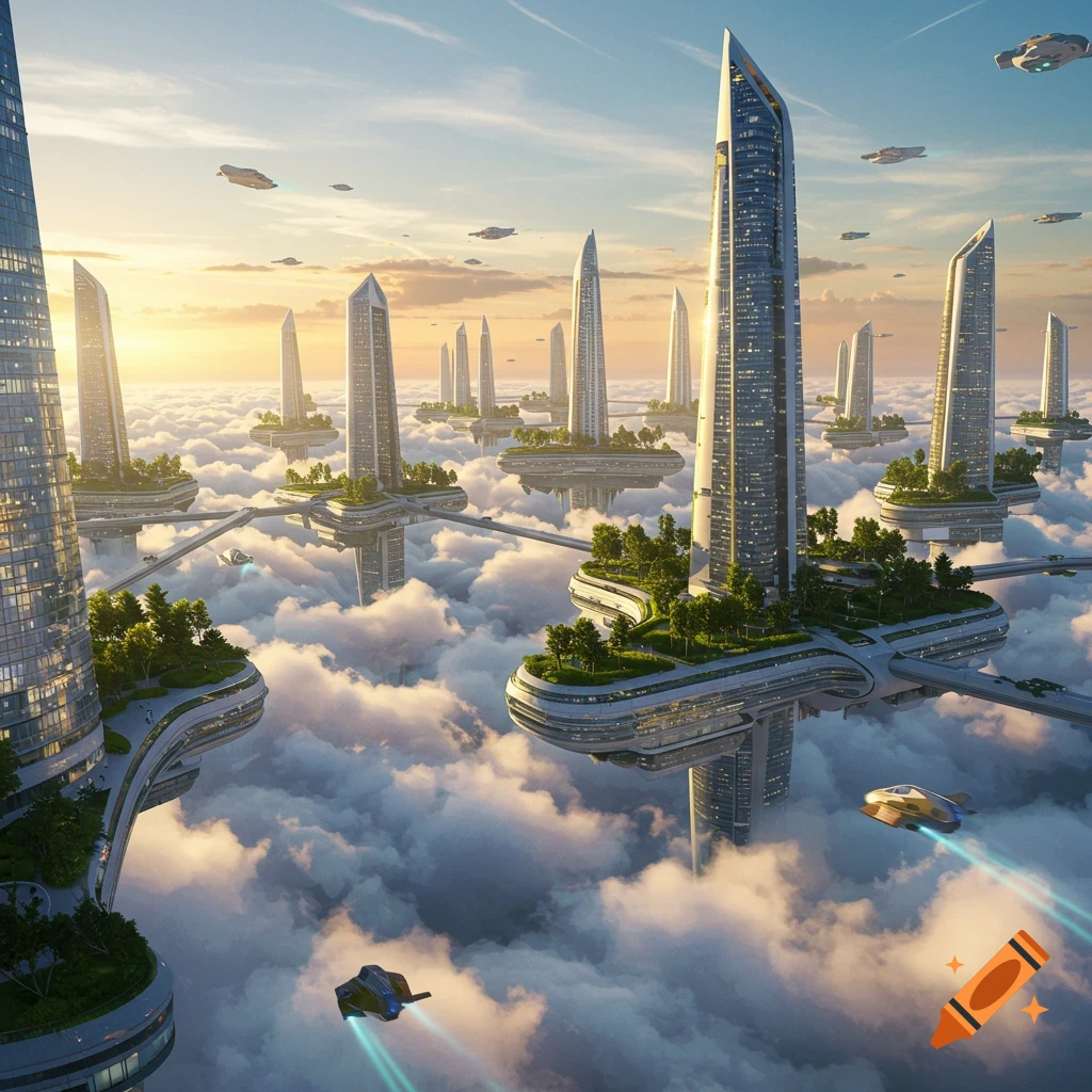Vibrant futuristic cityscape at sunrise with tall skyscrapers, flying ...