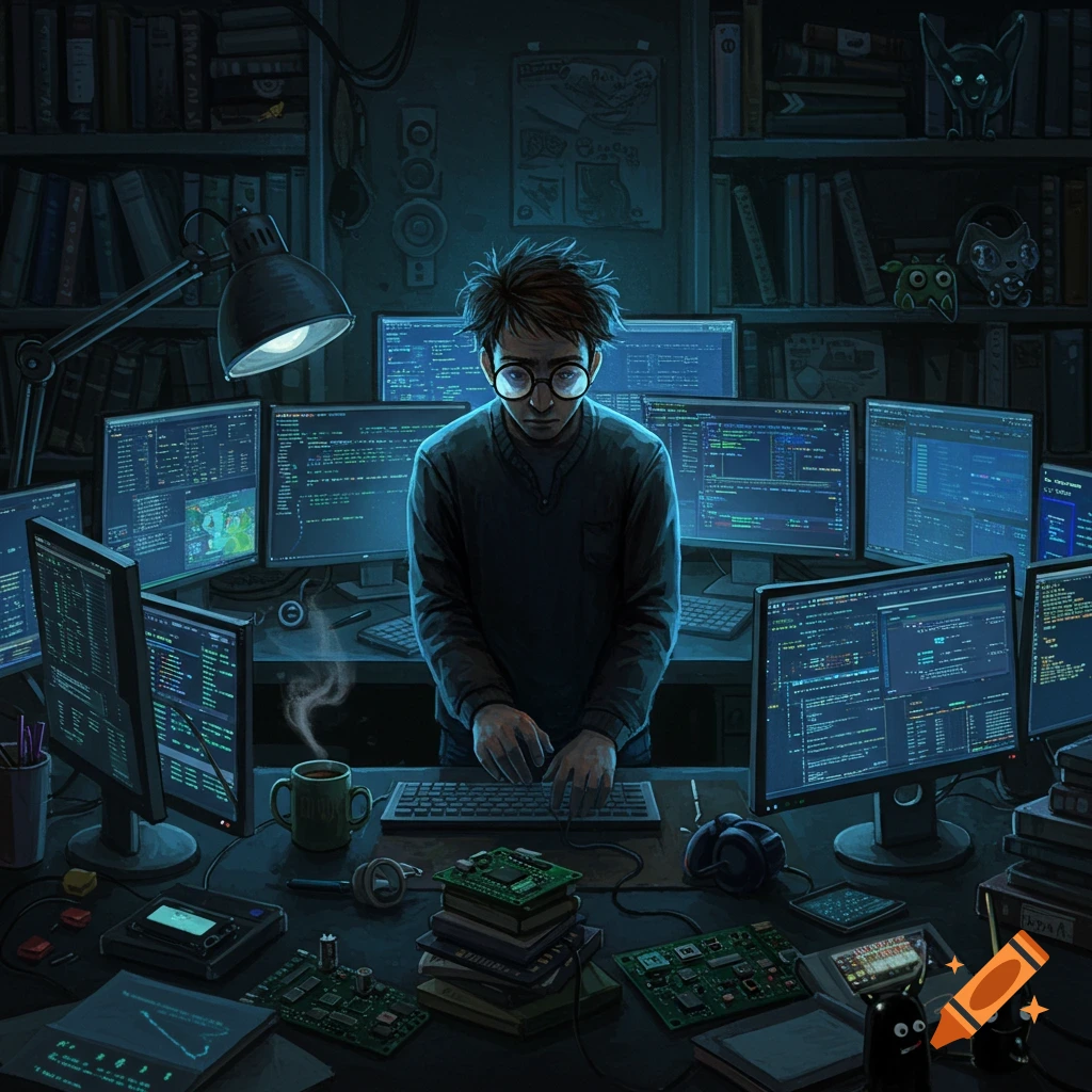 Person in a mask coding on dual monitors in a neon-lit cyberpunk room, digital illustration. on ...
