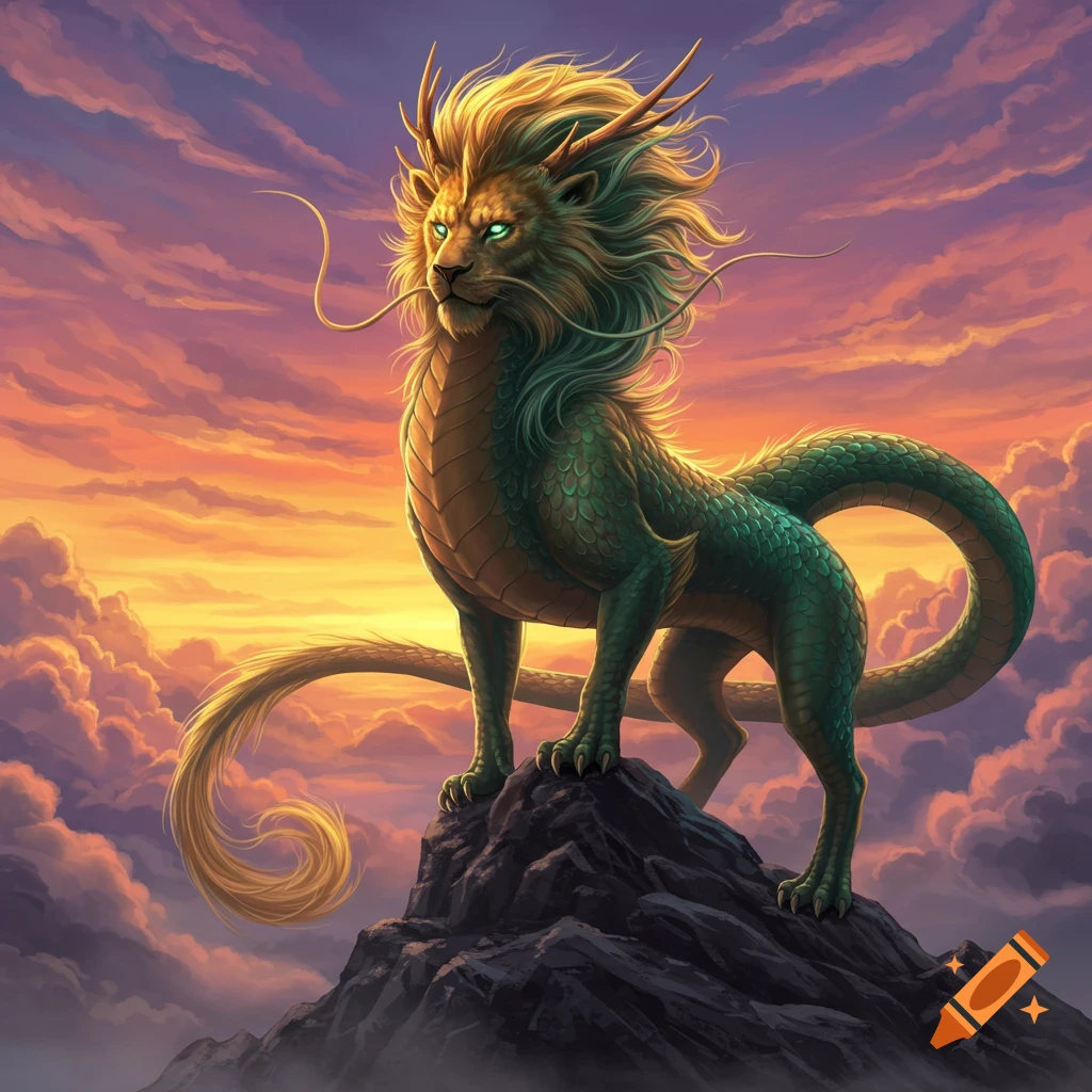 A majestic green dragon-lion hybrid creature with a golden mane stands ...