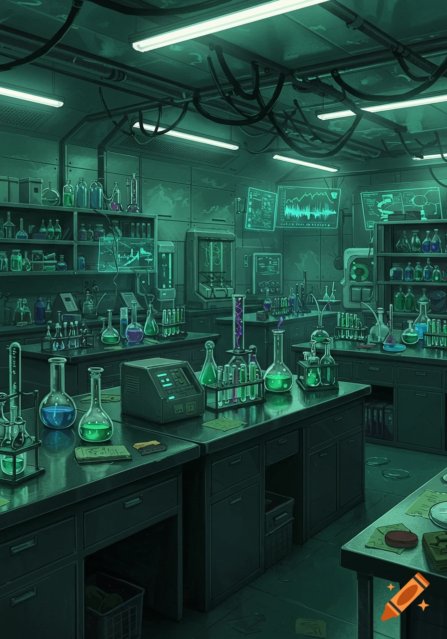 A dark, intricate mad science laboratory filled with glowing green and ...
