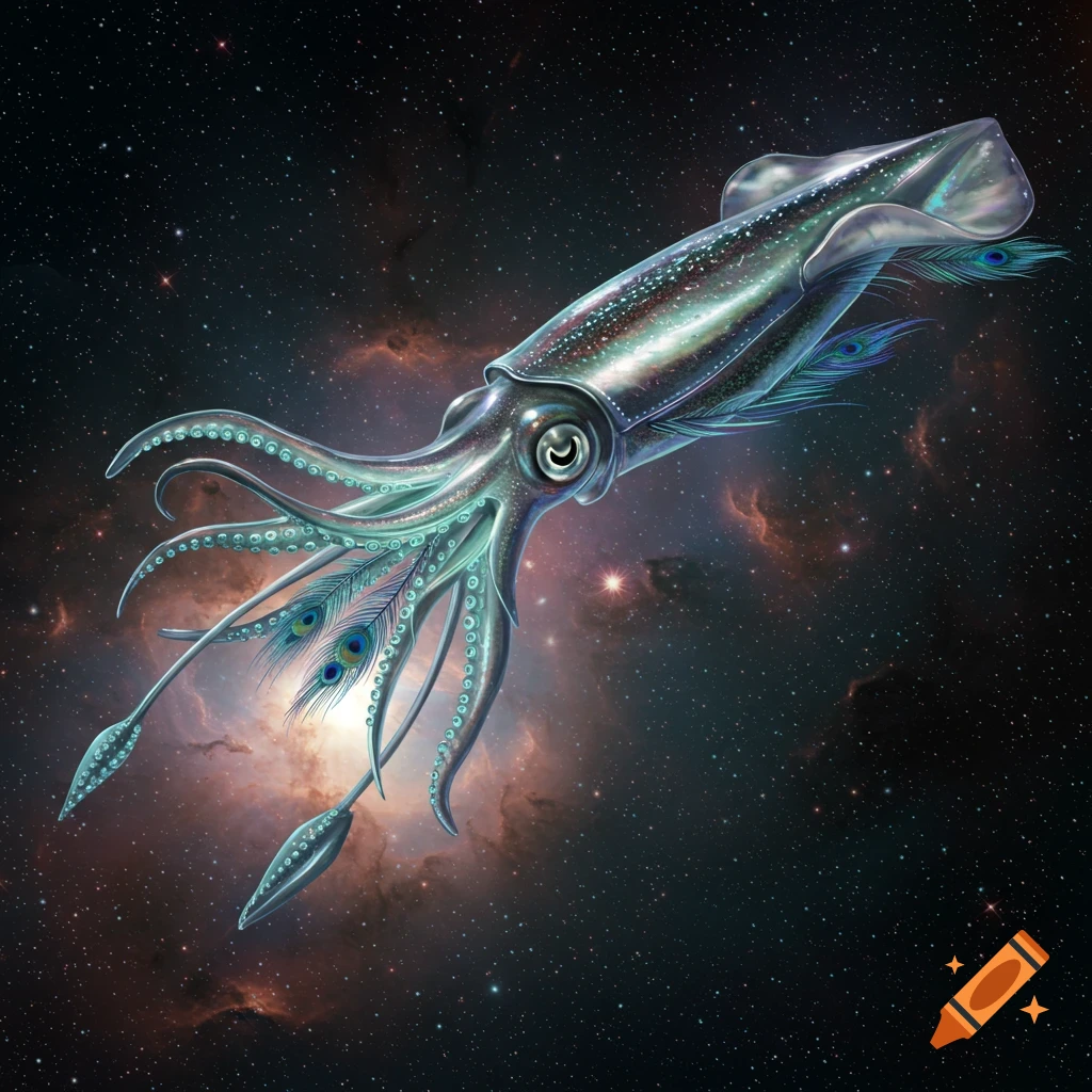 A shiny, iridescent giant squid spaceship with peacock feathers on its tentacles floats through ...