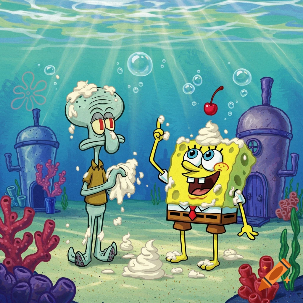 Distressed Squidward with Spongebob inside his opened belly underwater in a cartoon style. on ...